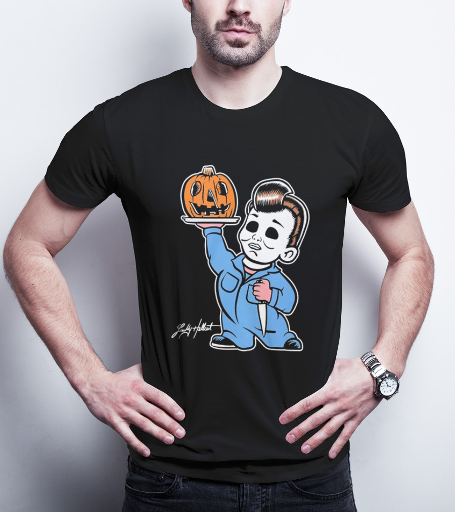 Lucky Hellcat Michael Myers Cartoon Pumpkin Knife Caricature T-Shirt