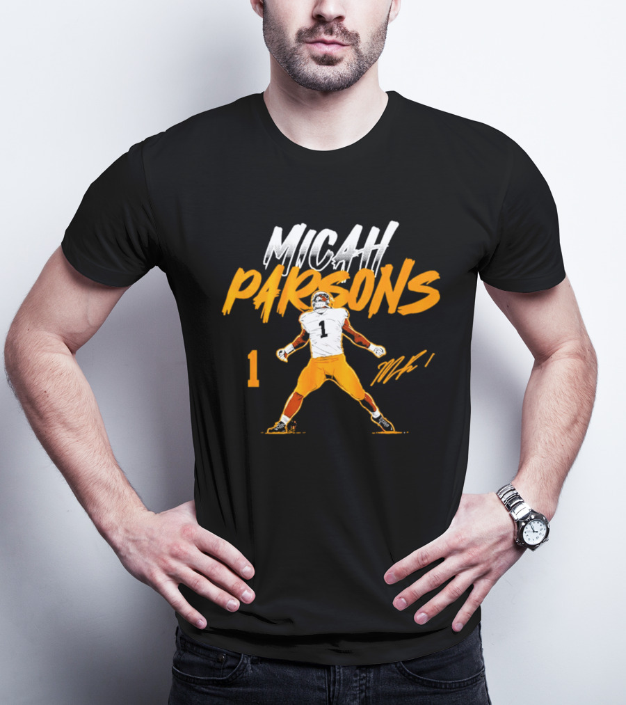 Micah Parsons 1 Pose With Name And Number In White And Orange T-Shirt