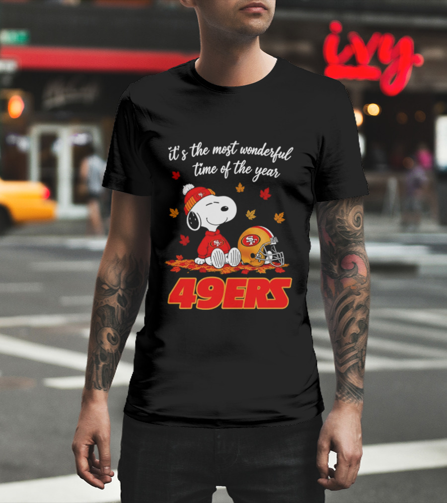 San Francisco 49ers Snoopy Beanie Autumn Leaves Most Wonderful Time T-Shirt