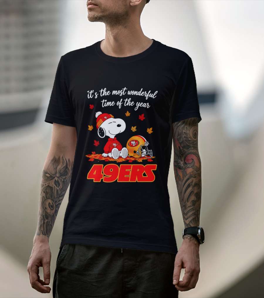 San Francisco 49ers Snoopy Beanie Autumn Leaves Most Wonderful Time T-Shirt