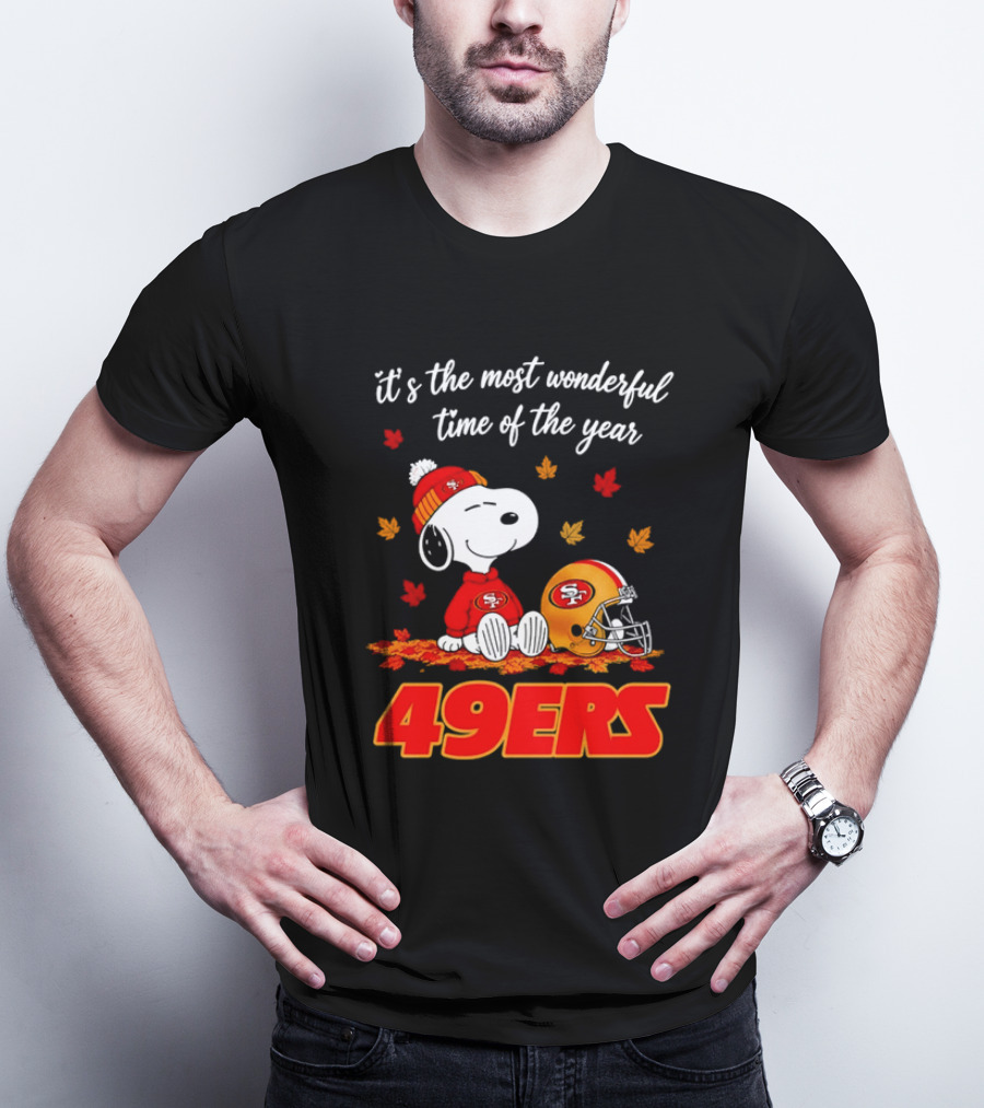 San Francisco 49ers Snoopy Beanie Autumn Leaves Most Wonderful Time T-Shirt