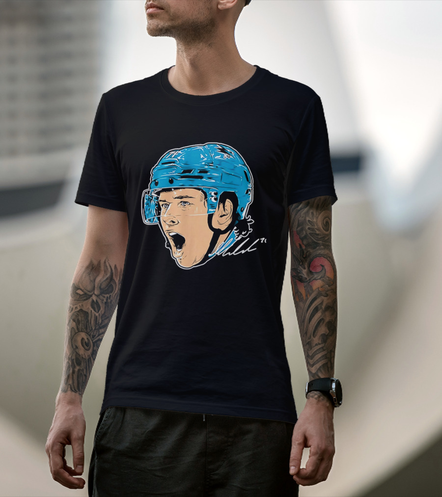 San Jose Sharks NHL 71 Yelling Hockey Player Helmet Caricature T-Shirt