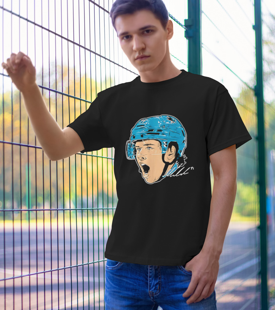 San Jose Sharks NHL 71 Yelling Hockey Player Helmet Caricature T-Shirt