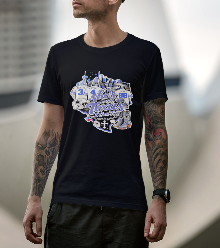 She's From Texas I Can Tell Pickens Prescott Lamb Dallas Cowboys Boots AT&T Stadium T-Shirt