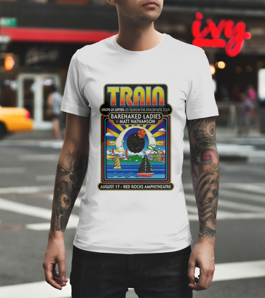 Train Drops Of Jupiter 25 Years In The Atmosphere Tour Barenaked Ladies Matt Nathanson August 17 Red Rocks Amphitheatre T-Shirt