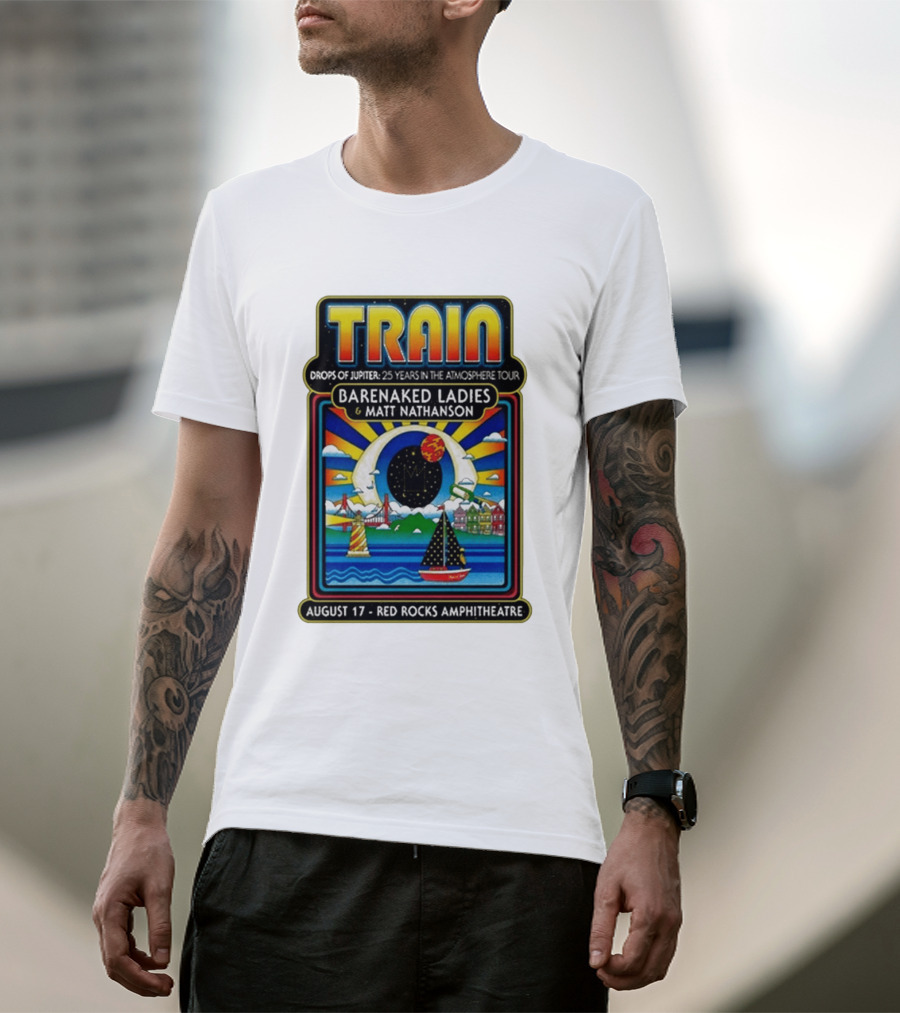 Train Drops Of Jupiter 25 Years In The Atmosphere Tour Barenaked Ladies Matt Nathanson August 17 Red Rocks Amphitheatre T-Shirt