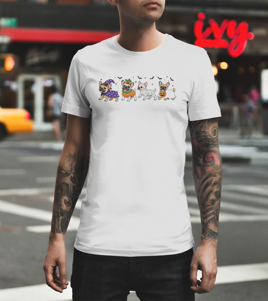 Spooky Frenchies Halloween Paws Pumpkin Costumes Witch Bats T-Shirt