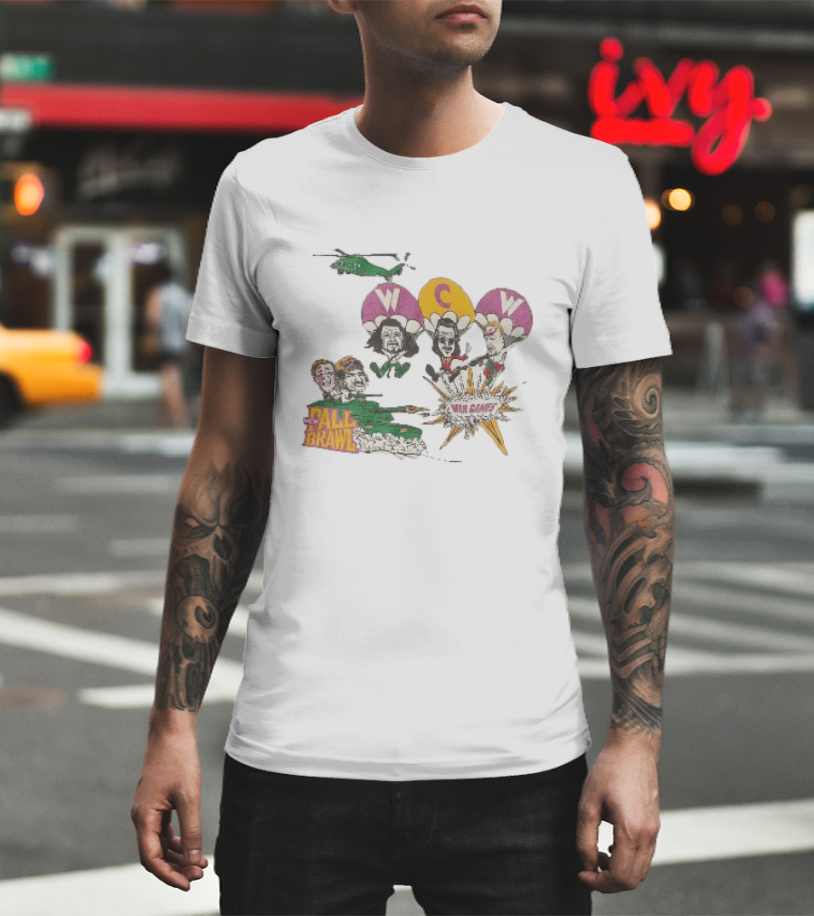 WCW Fall Brawl War Games Helicopter Cartoon Characters Explosion T-Shirt