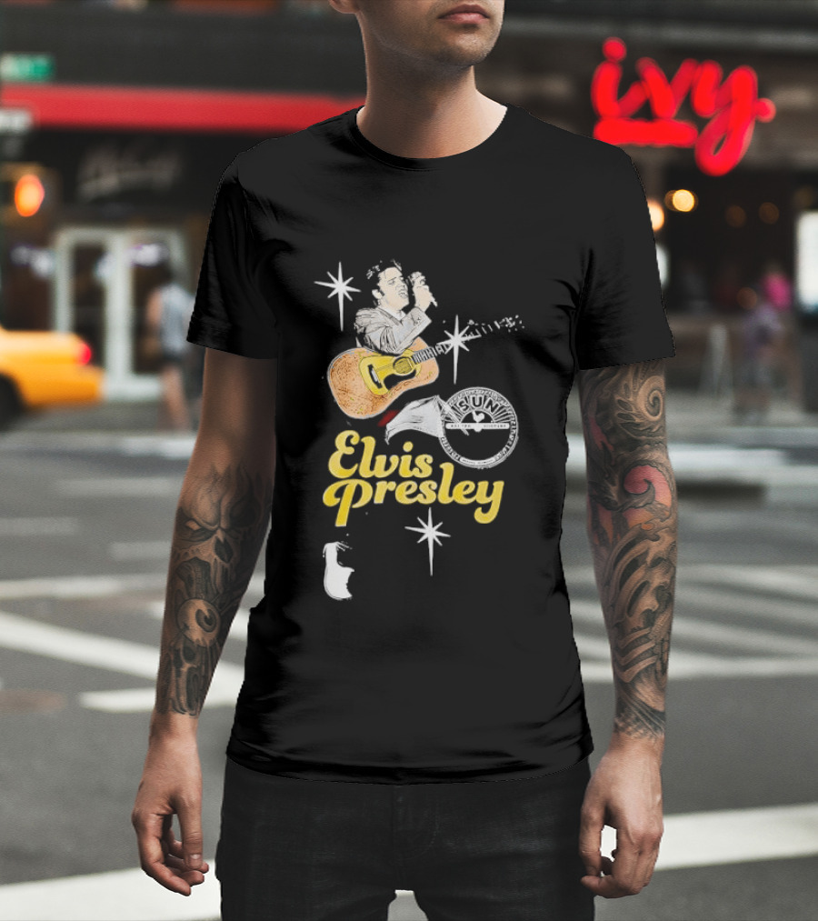Sun Record Company Elvis Presley Playing Acoustic Guitar Starbursts T-Shirt