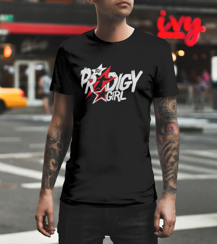 The Prodigy Girl Red White Stars Distressed Brush Lettering T-Shirt