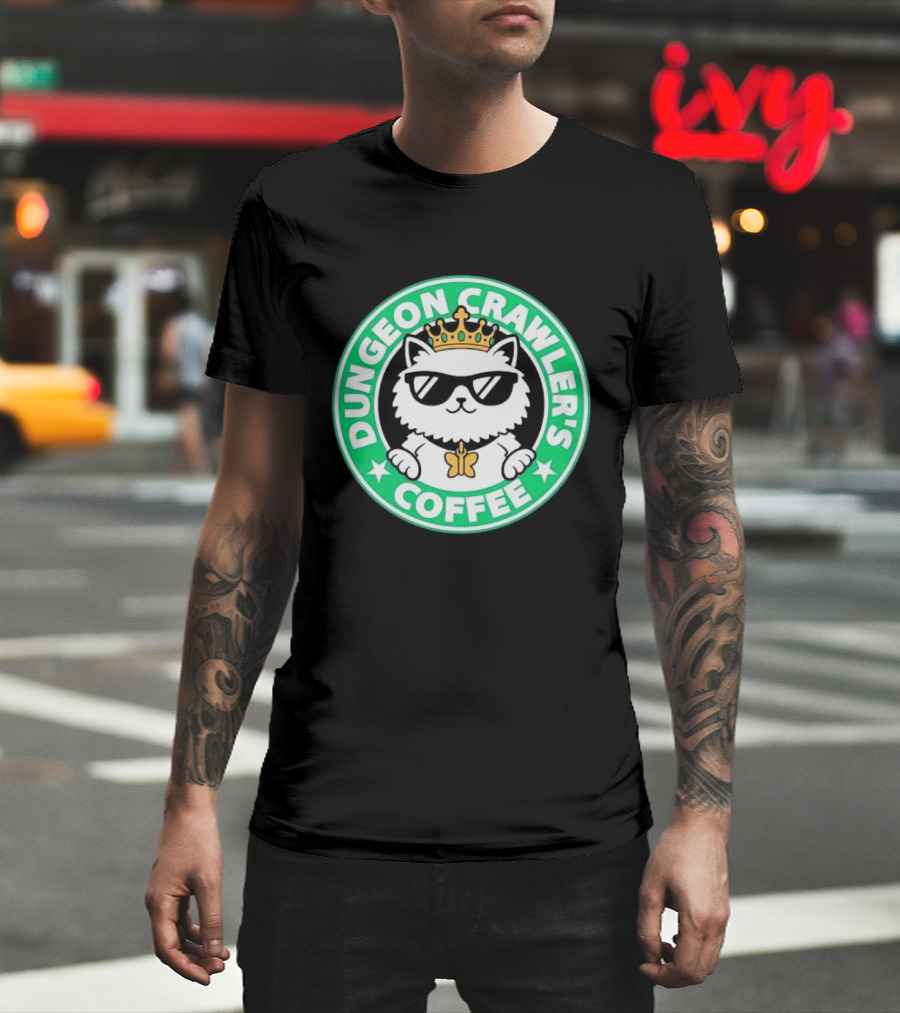 Dungeon Crawlers Coffee White Cat Crown Sunglasses T-Shirt