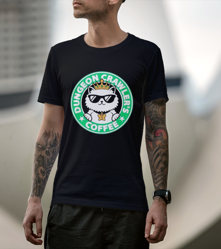Dungeon Crawlers Coffee White Cat Crown Sunglasses T-Shirt