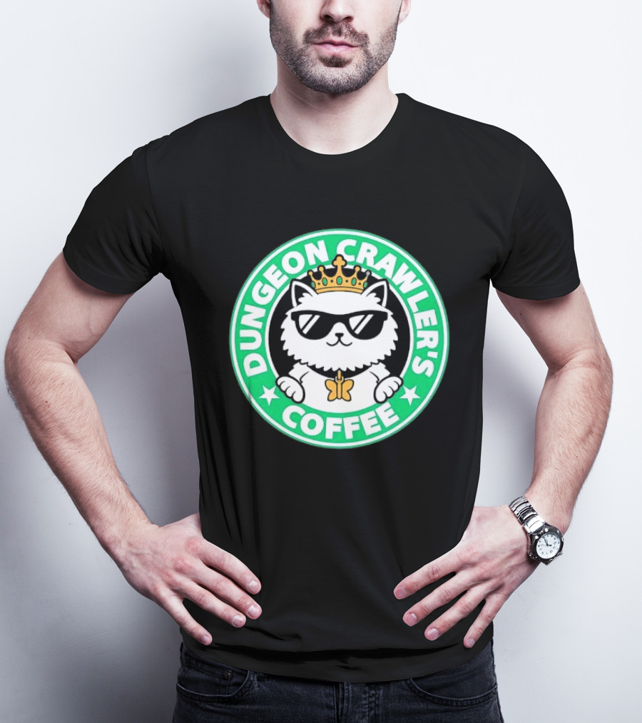 Dungeon Crawlers Coffee White Cat Crown Sunglasses T-Shirt