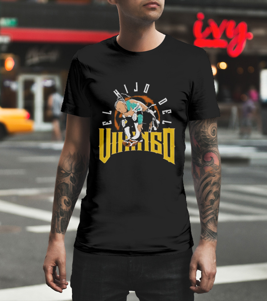 El Hijo Del Vikingo Crouching Wrestler Brown Yellow Text And Image T-Shirt