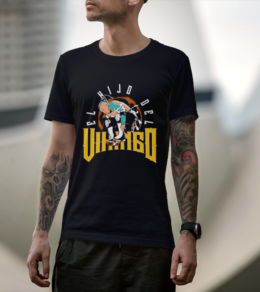 El Hijo Del Vikingo Crouching Wrestler Brown Yellow Text And Image T-Shirt