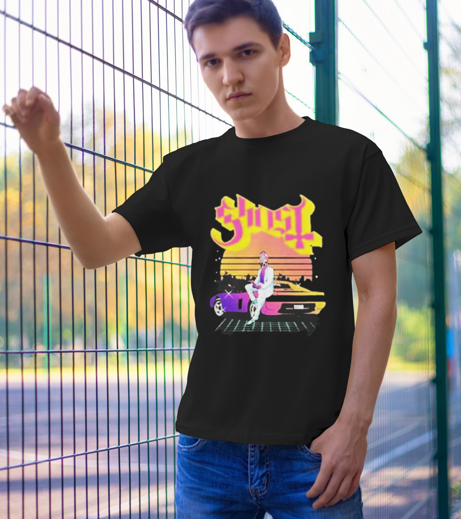 Ghost Miami Vice Retro Sunset Car Scene T-Shirt
