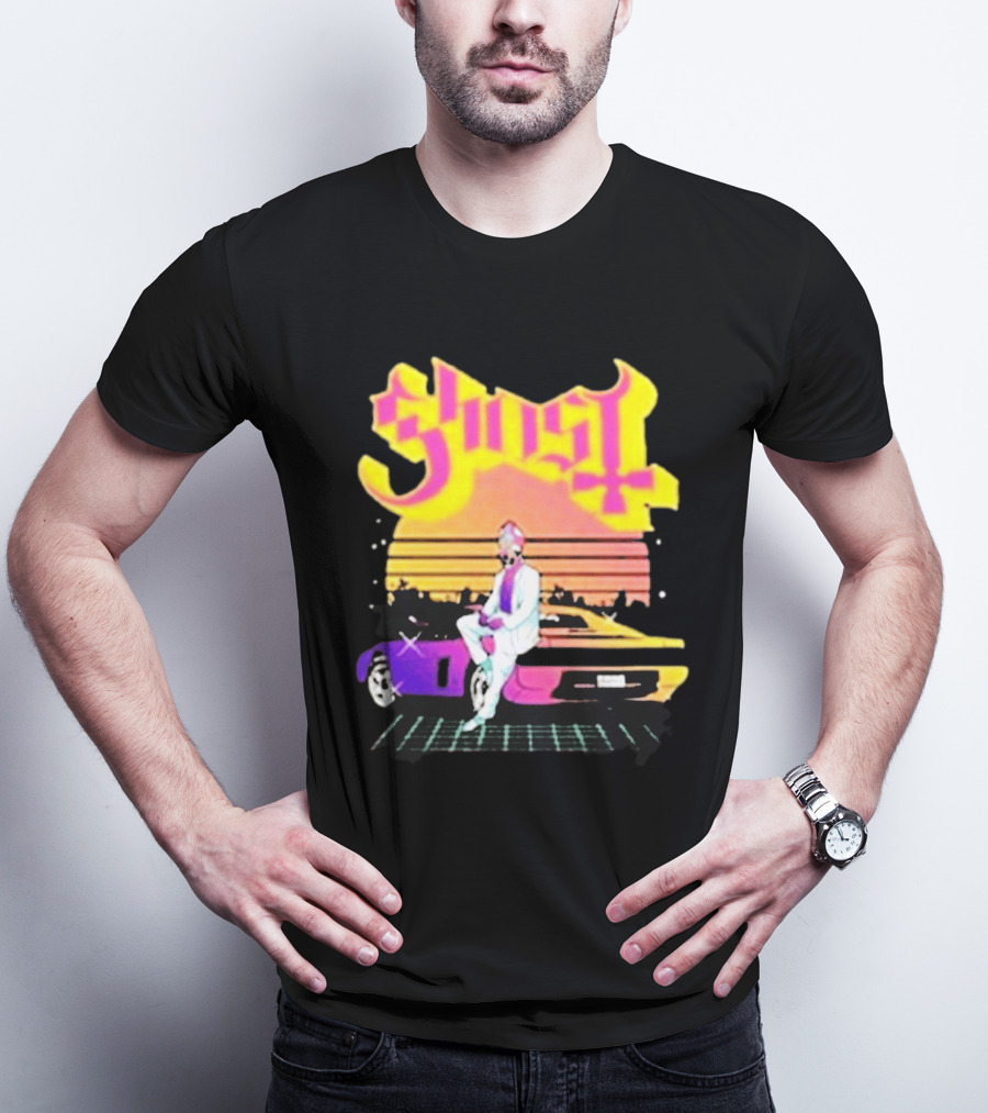 Ghost Miami Vice Retro Sunset Car Scene T-Shirt