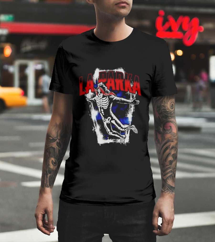 LA Parka Masked Skeleton Wrestler Jumping Distressed Frame T-Shirt