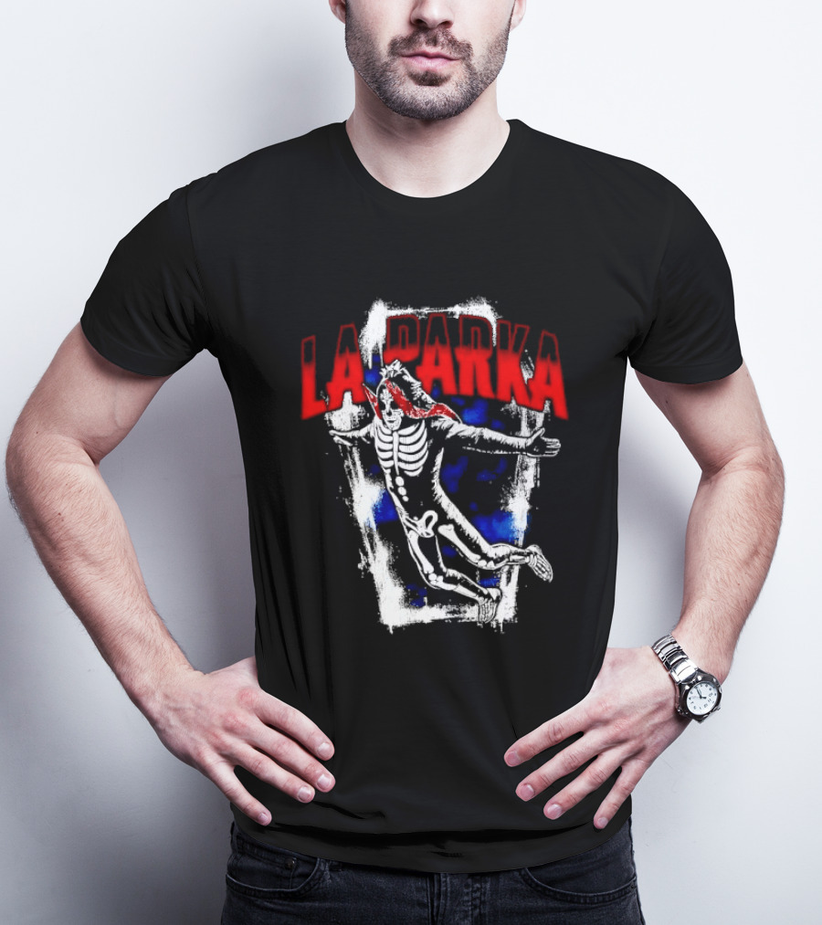 LA Parka Masked Skeleton Wrestler Jumping Distressed Frame T-Shirt