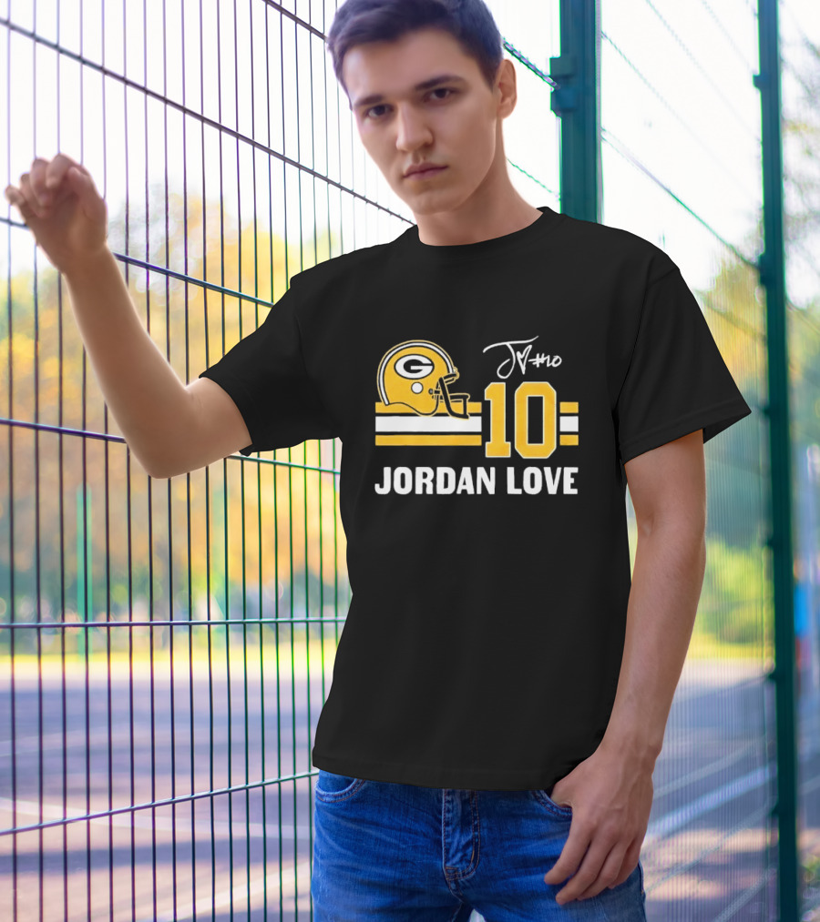 Green Bay Packers Jordan Love 10 Helmet Stripes JM Signature Distressed T-Shirt