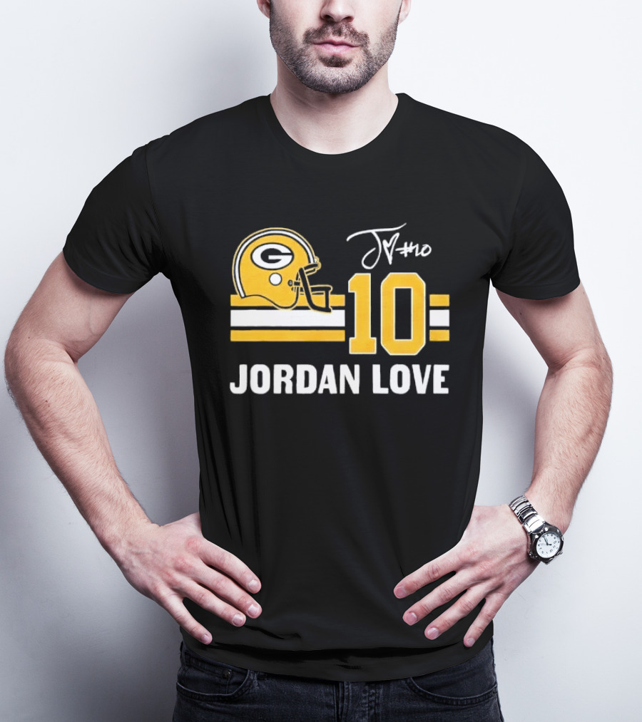 Green Bay Packers Jordan Love 10 Helmet Stripes JM Signature Distressed T-Shirt