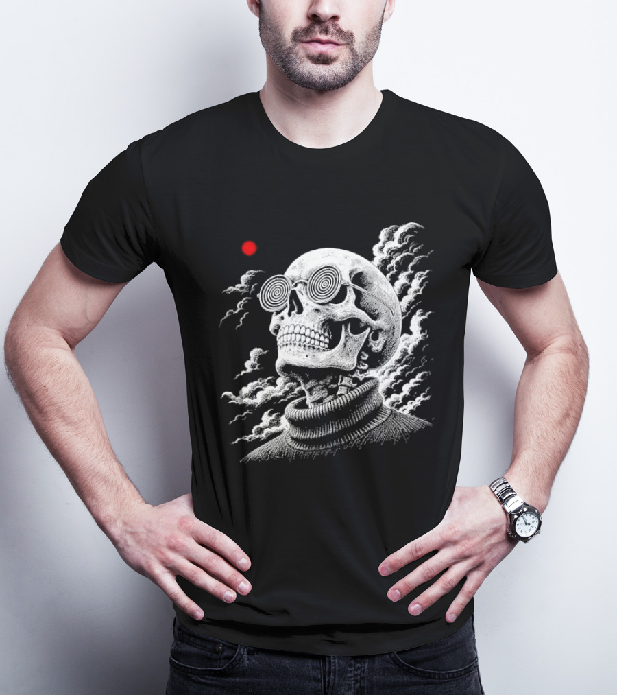 Line Skull Hypnotic Glasses Turtleneck Red Sun Clouds T-Shirt