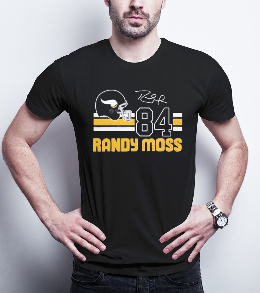 Randy Moss Minnesota Vikings 84 Helmet Stripes Autograph T-Shirt