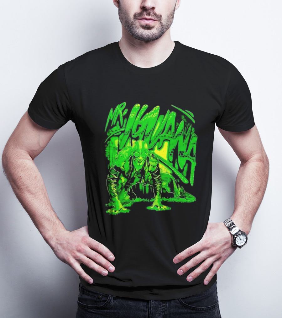 Mr Iguana Crouching Mexican Luchador Green Lizard Scale Graffiti T-Shirt