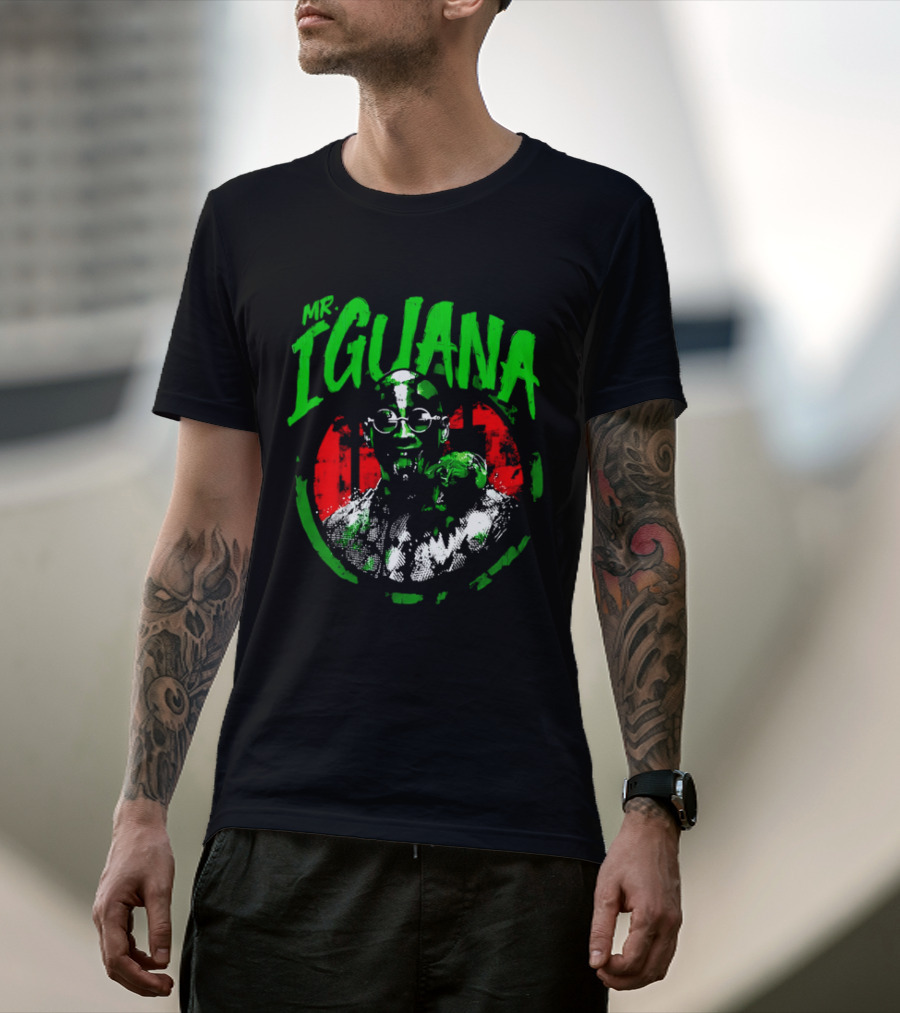 Mr Iguana Man Round Sunglasses Lizard Red Distressed Bootleg T-Shirt