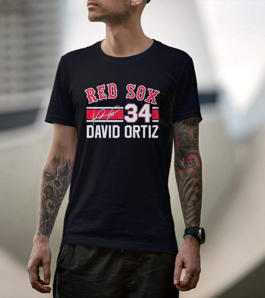 Red Sox MLB David Ortiz 34 White Stripes Distressed T-Shirt