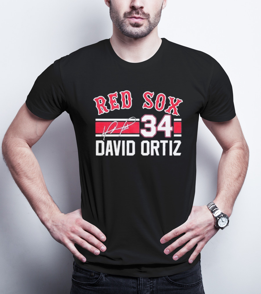 Red Sox MLB David Ortiz 34 White Stripes Distressed T-Shirt