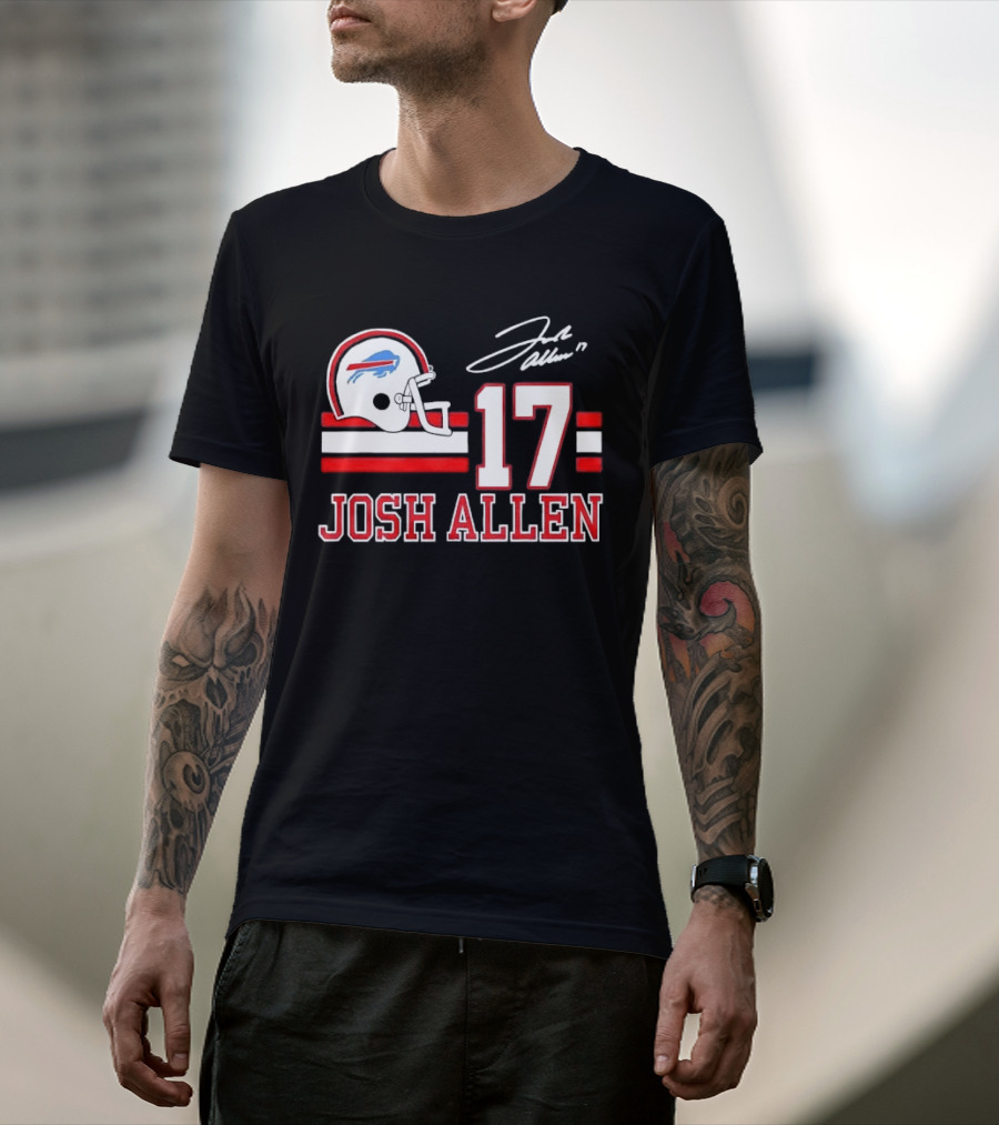 Josh Allen 17 Buffalo Bills Helmet Red Stripes Distressed T-Shirt