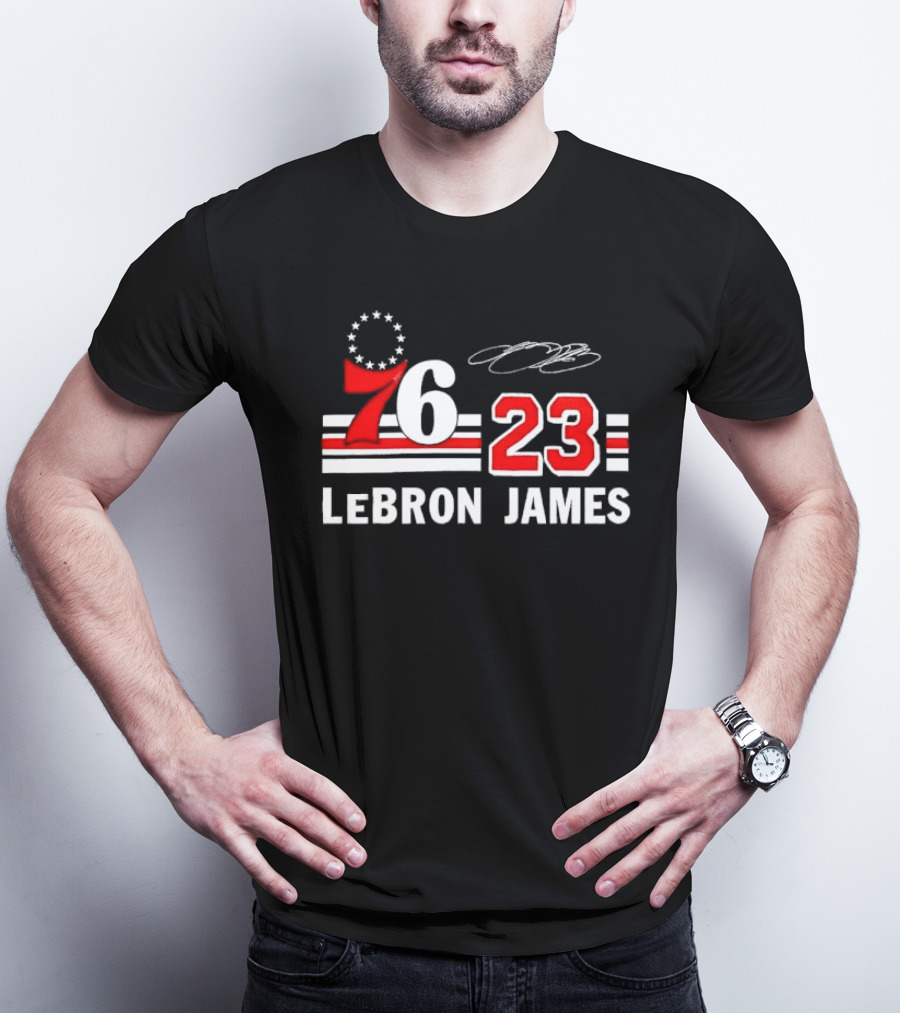 Philadelphia 76 23 Lebron James Red White Stripes Distressed T-Shirt