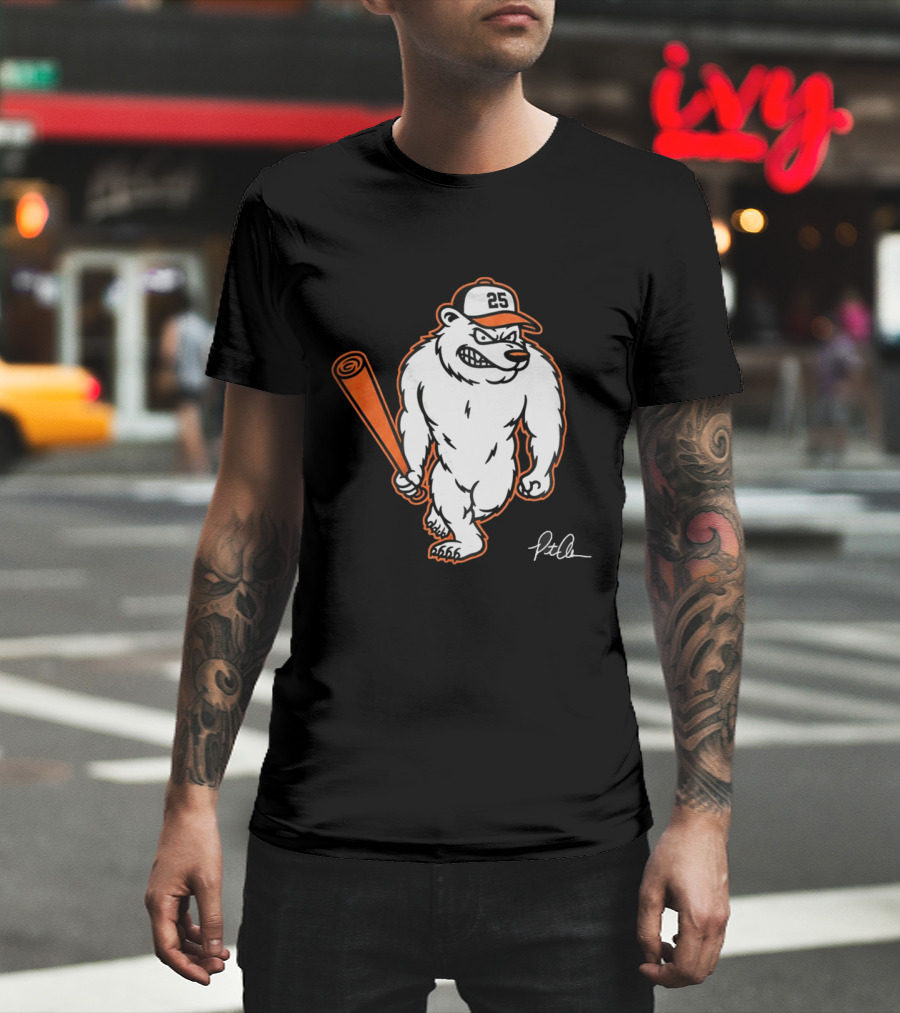 Polar Bear Pete Baseball Bear With Orange Bat And Cap Number 25 Art By Pete Alonso T-Shirt