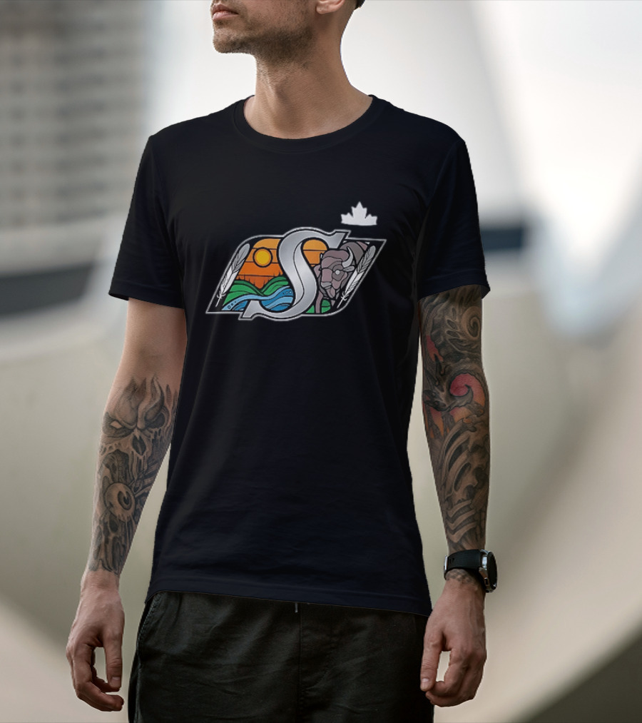 Saskatchewan Roughriders 2025 Indigenous Heritage Special Buffalo Sunrise Feather River T-Shirt