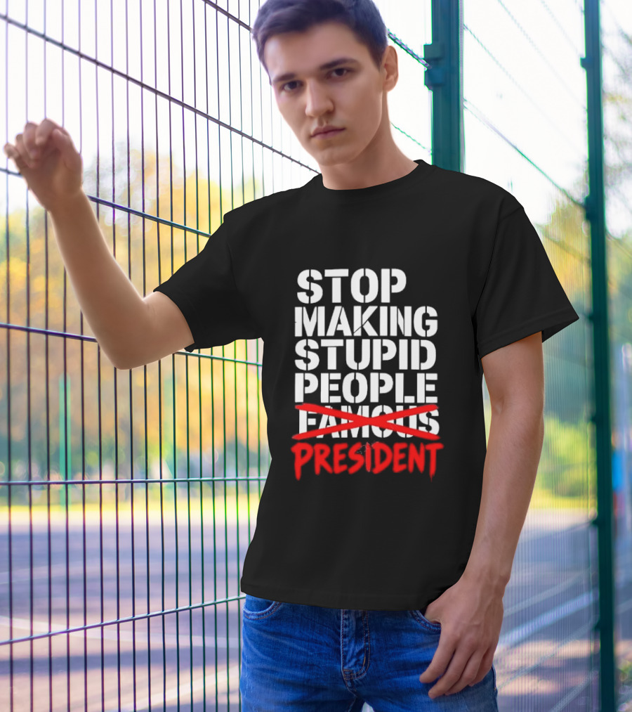 Stop Making Stupid People President Red Cross Stenciled Dripping Font T-Shirt