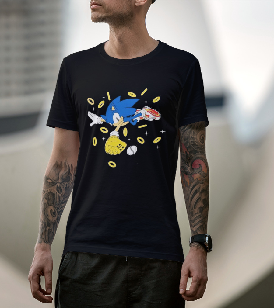 The Hedgehog Running Collecting Rings With Baseball Glove And Ball T-Shirt