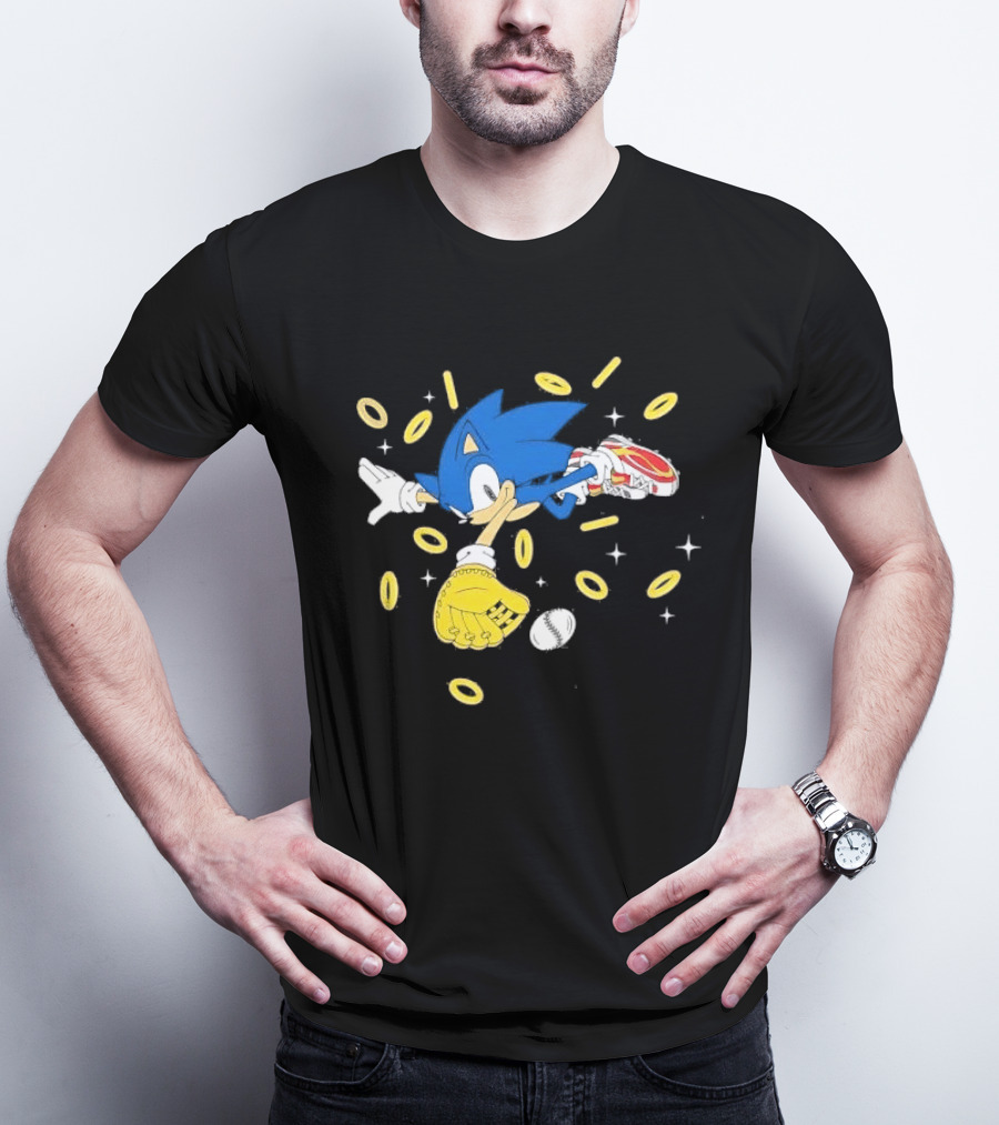 The Hedgehog Running Collecting Rings With Baseball Glove And Ball T-Shirt