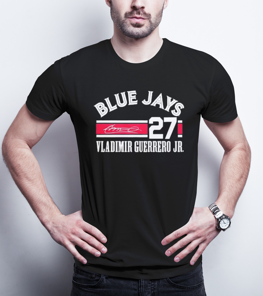 Blue Jays Vladimir Guerrero Jr 27 Red Stripe Signature Distressed T-Shirt