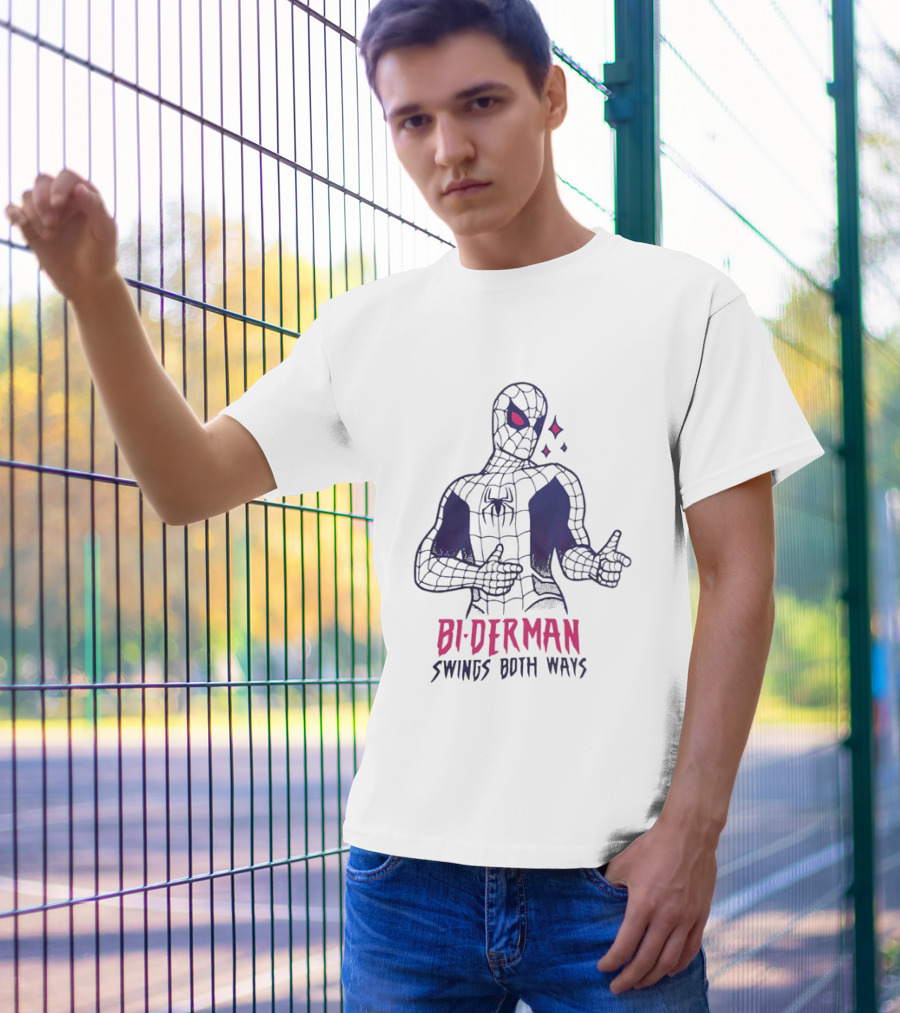 Bi Derman Swings Both Ways Spider Man LGBTQ Superhero T-Shirt