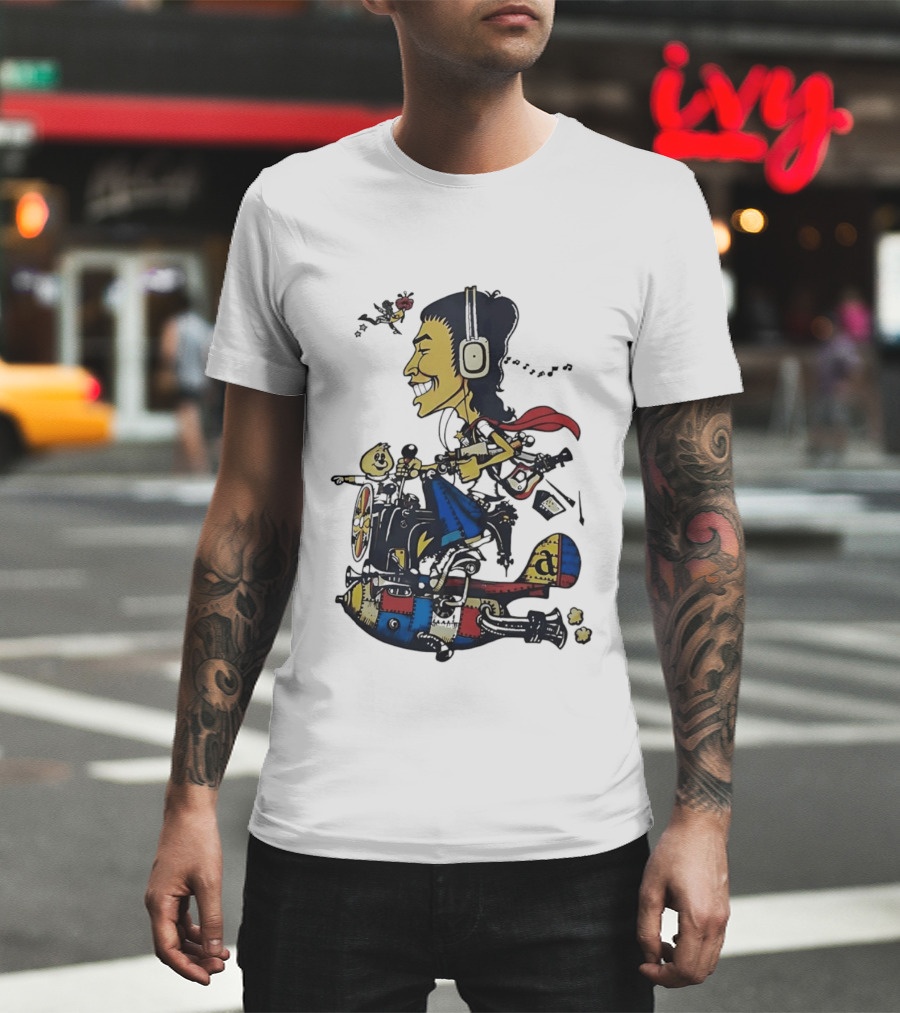 Cartoon Caricature Man With Headphones Riding Flying Rocket Airplane T-Shirt