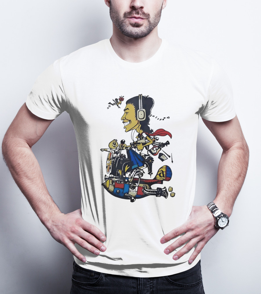Cartoon Caricature Man With Headphones Riding Flying Rocket Airplane T-Shirt