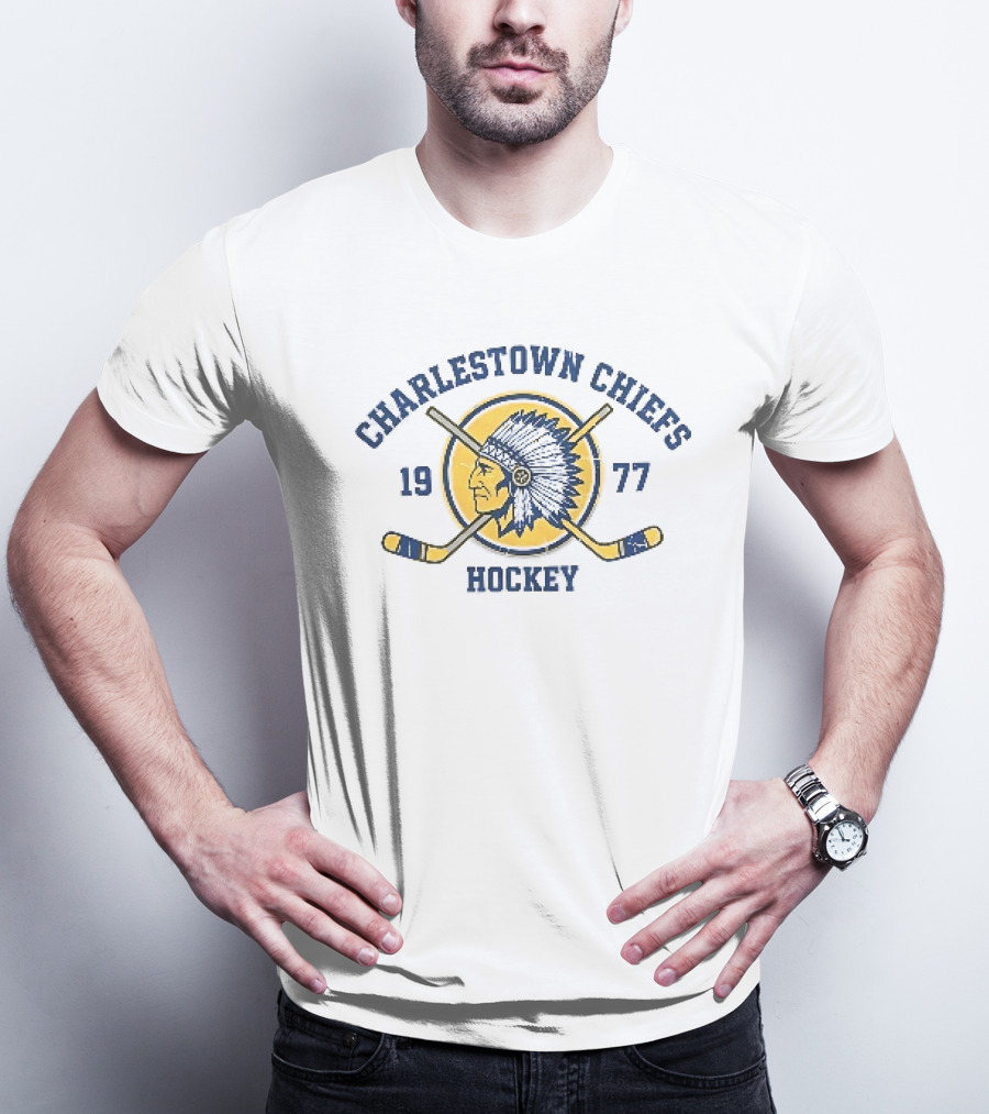 Charlestown Chiefs 1977 Hockey Team Logo With Vintage Native American Head And Crossed Hockey Sticks T-Shirt