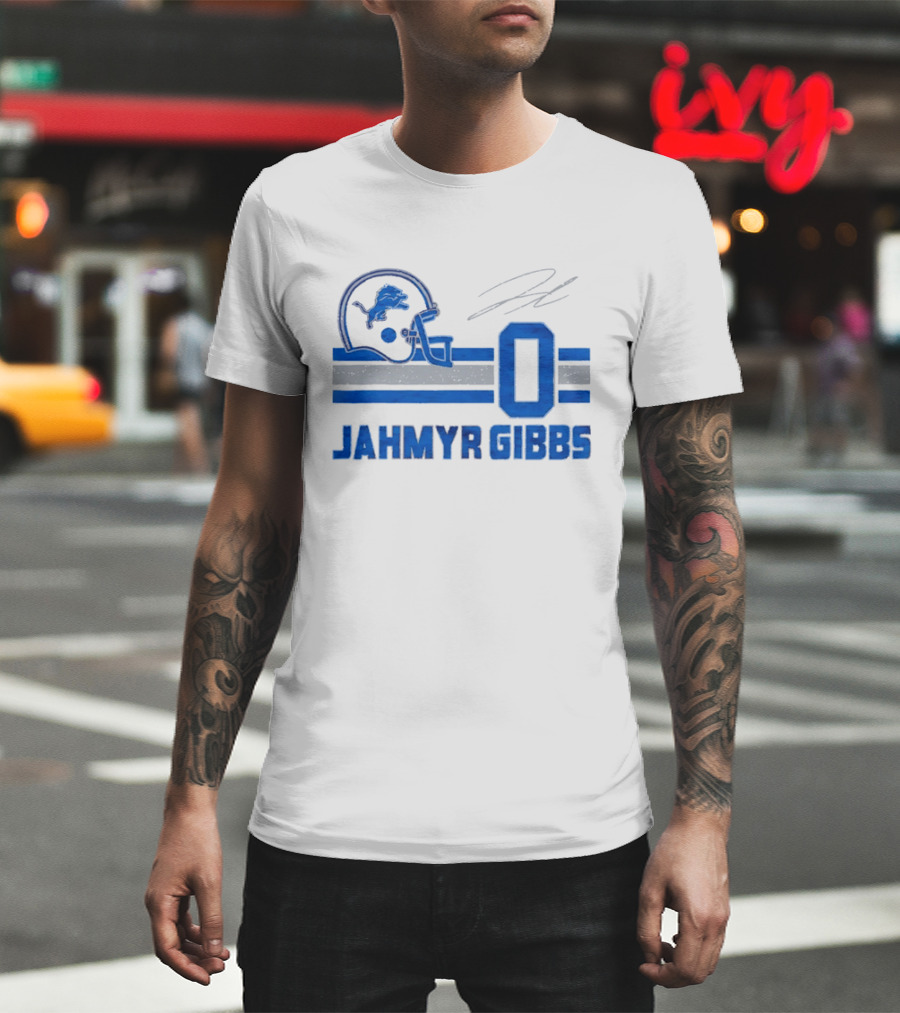 Detroit Lions Jahmyr Gibbs Zero Helmet Number Stripes Distressed T-Shirt