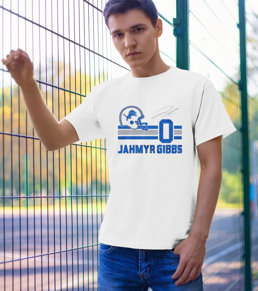 Detroit Lions Jahmyr Gibbs Zero Helmet Number Stripes Distressed T-Shirt