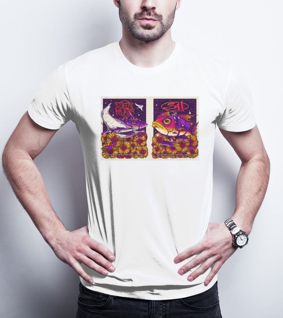 Dirty Heads 311 August 18 2026 Long Beach Amphitheater California Concert Art Colorful Fish Flowers T-Shirt