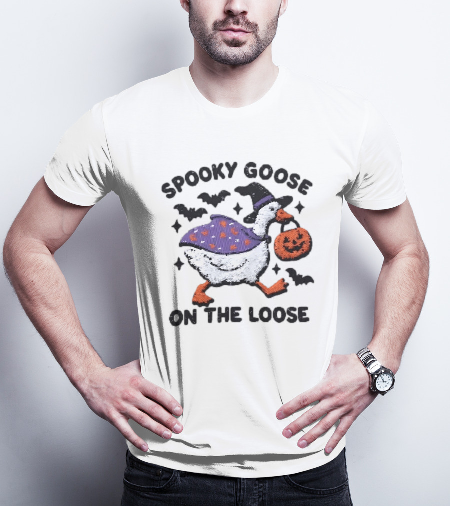 Spooky Goose On The Loose Halloween Embroidered T-Shirt