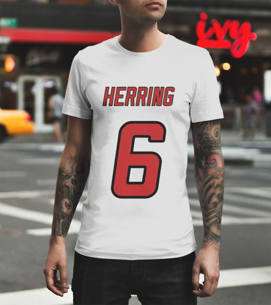 Herring 6 Red Jersey Name Number Bold Athletic Font T-Shirt