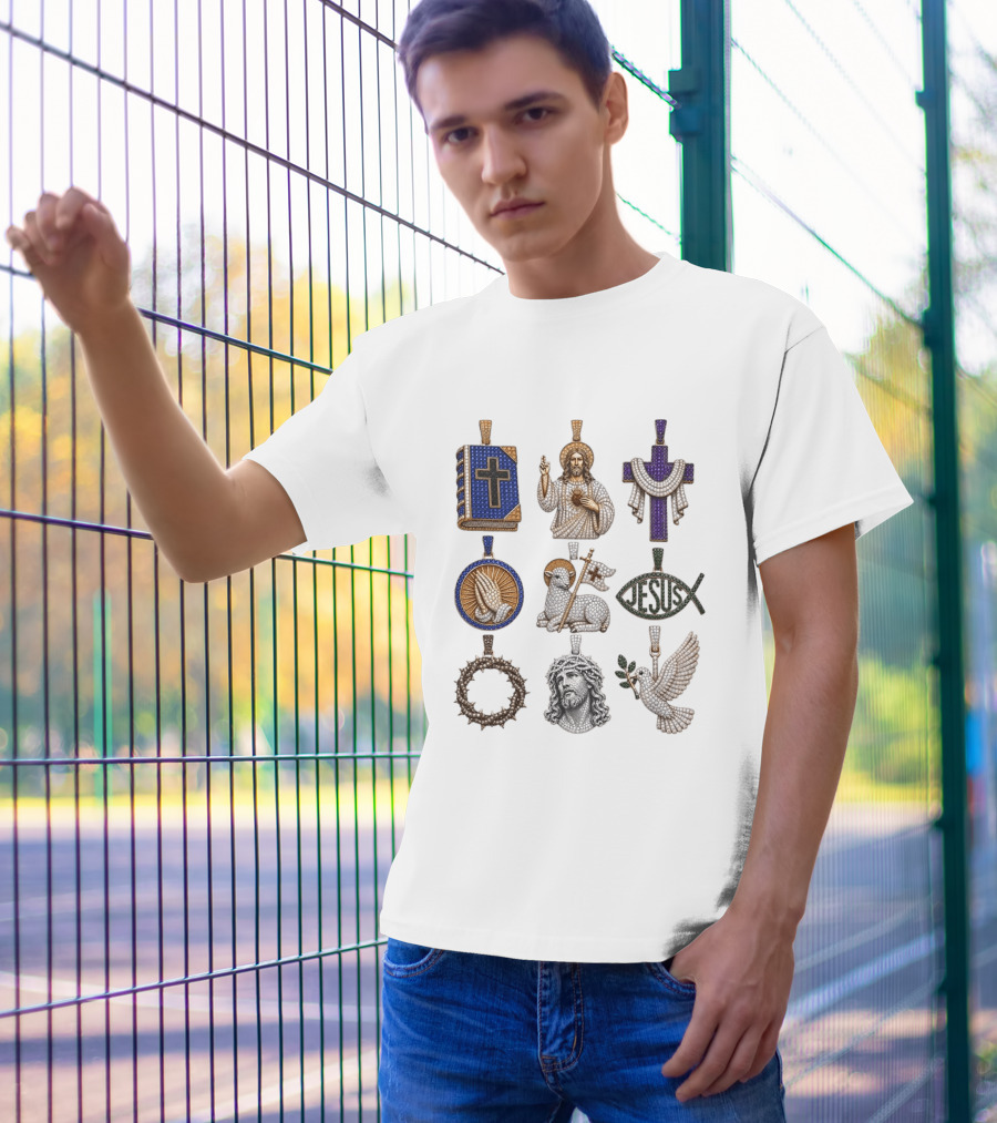 Jesus Cross Bible Lamb Fish Dove Crown Praying Hands Gemstone Pendants Collection T-Shirt