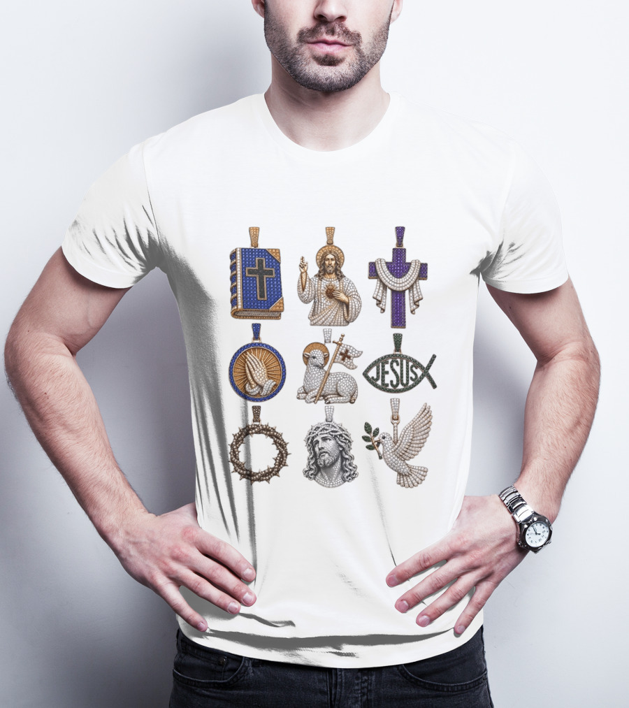 Jesus Cross Bible Lamb Fish Dove Crown Praying Hands Gemstone Pendants Collection T-Shirt